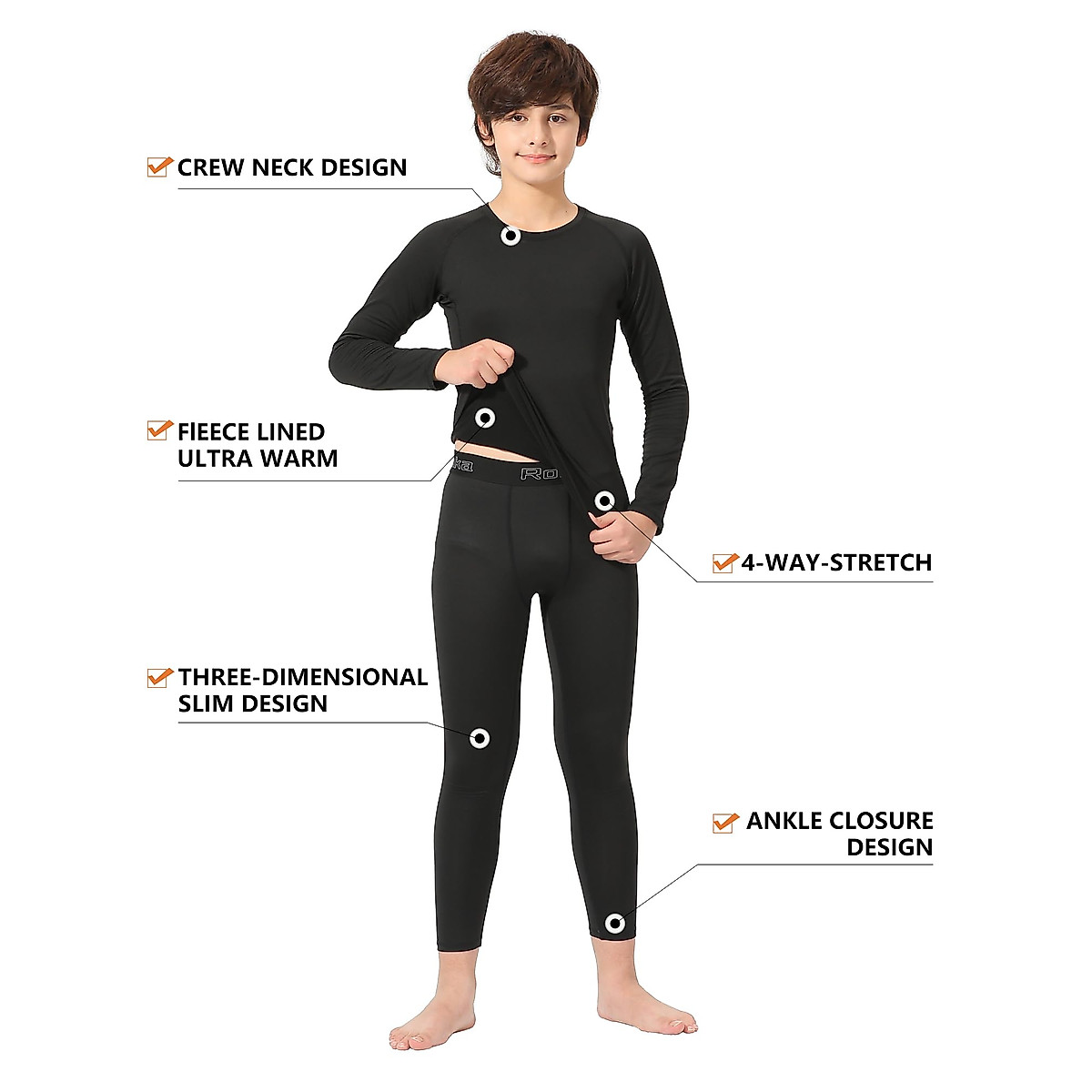 Rolimaka 2 Pack Youth Boys' Thermal Underwear Set Fleece Lined Compression Shirt Leggings Sports Tights Pants Big Kids' Base Layer S