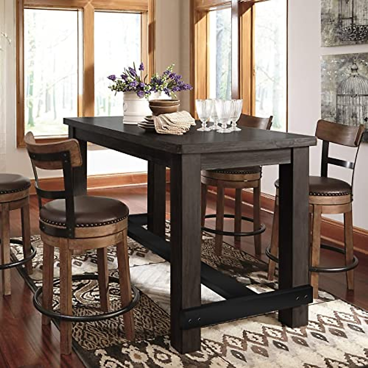 Nathaniel Home Counter Height Bar Dining Room Wooden Frame Table Desk with Iron Footrest, 53“W27 D36 H, Black