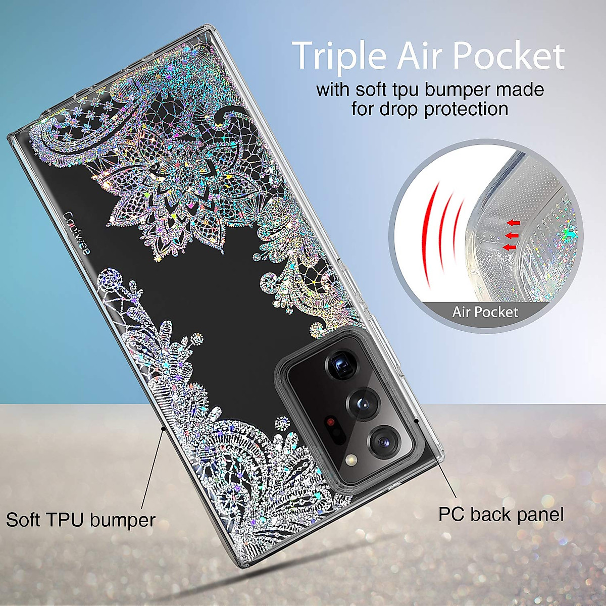 Coolwee Clear Glitter for Note 20 Ultra Case Thin Flower Slim Crystal Lace Bling Women Girls Floral Plastic Hard Back Soft TPU Bumper Protective Cover for Samsung Galaxy Note 20 Ultra Mandala Henna