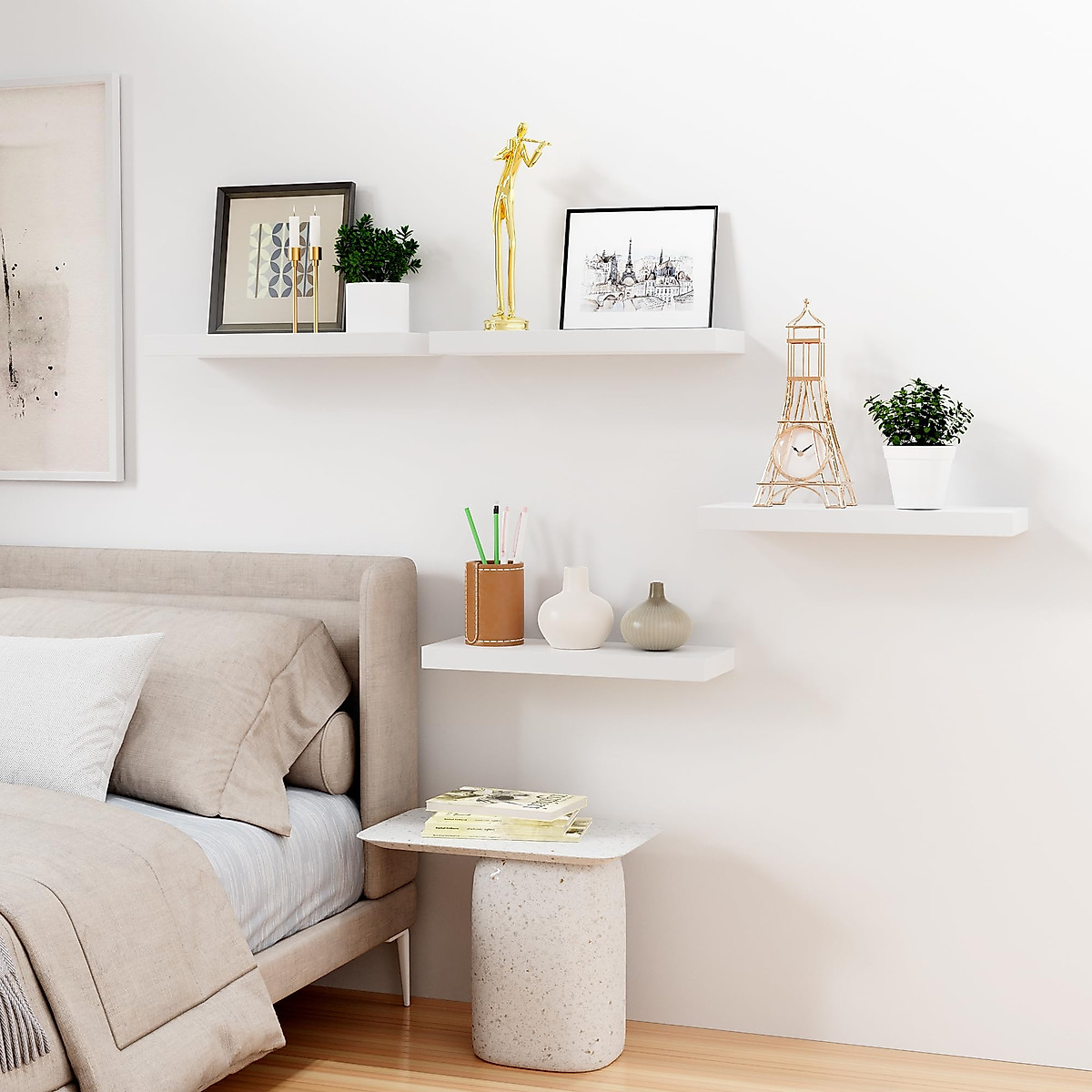 Bellsal Floating Shelves for Wall, White Engineered Wood Wall Shelf Set of 4, 16" Wall Mounted Floating Shelf for Kitchen, Living Room, Bedroom, Bathroom Storage, Book Shelf for Wall Home Decor