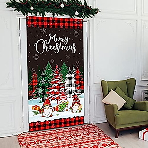 Christmas Door Cover Merry Christmas Door Banner Backdrop Buffalo Plaid Christmas Tree Door Hanging Cover for Xmas Winter Holiday Photography Hanging Decorations Supplies, 71 x 35 Inch