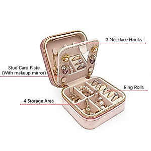 Soddeph Velvet Jewelry Box with Mirror,Mini Travel Jewelry Case, Plush Jewelry Travel Case, Small Portable Travel Jewelry Organizer, Gift for Women Girls (Prism pink)