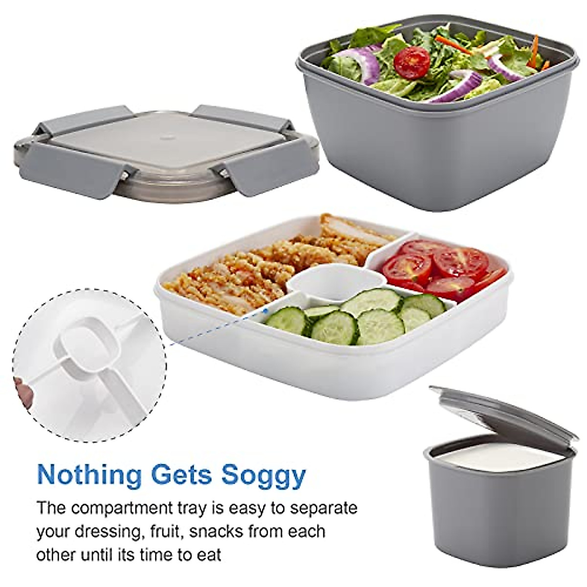 Freshmage Salad Lunch Container To Go, 52-oz Salad Bowls with 3 Compartments, Salad Dressings Container for Salad Toppings, Snacks, Men, Women (Grey)