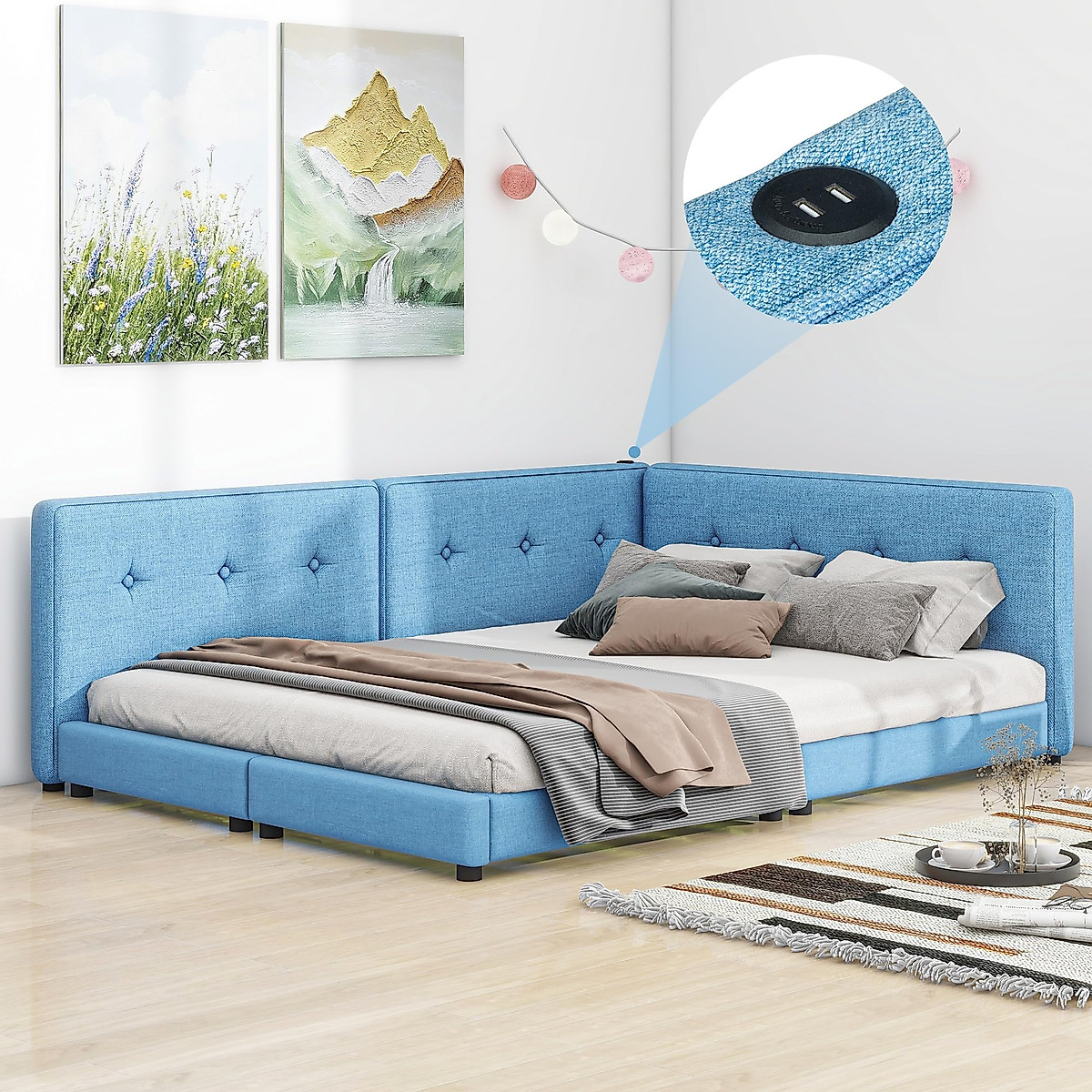 Merax Modern Upholstered Queen Size Platform Bed with USB Ports/Wood Slat Support/Queen,Blue