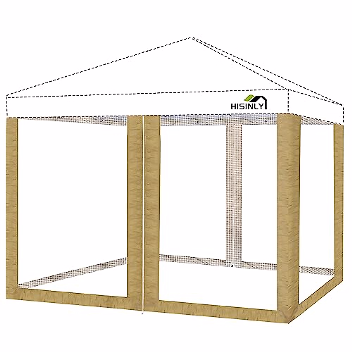 Hisinly Canopy Mesh Sidewalls for 10x10 Pop Up Canopy, 300D Oxford Fabric with Silver Caoting, Sidewall Netting, 4 Pieces Mesh Sidewalls with Door, Kahki (Canopy Tent NOT Included) (SW-04-4)