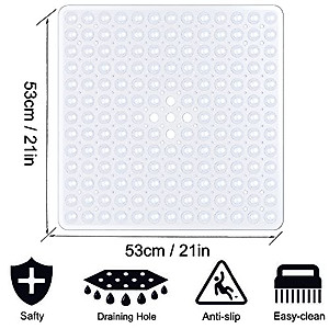 XIYUNTE Square Shower Mat Non Slip - 21 x 21inch Square Bath Shower Tub Mat, Square Rubber Bath Mats for Shower, Non Slip Bathtub Mats with Suction Cups & Drain Holes, Machine Washable, Clear