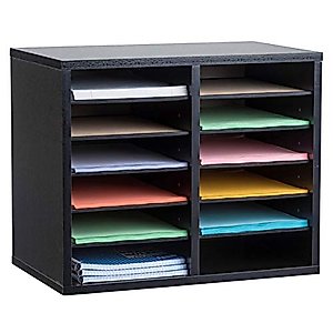Adir Wooden Literature Organizer Sorter - Stackable File Mail Craft Paper Storage Holder with Removable Shelves for Office, Classrooms, and Mailrooms Organization (12 Compartment, Black)