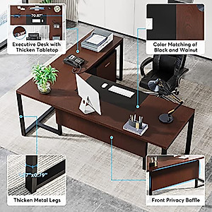Tribesigns 70 Inches Executive Desk with File Cabinet, Large L Shaped Desk with Storage Cabinet, L Shaped Computer Desk with Drawer Cabinet, Dark Walnut