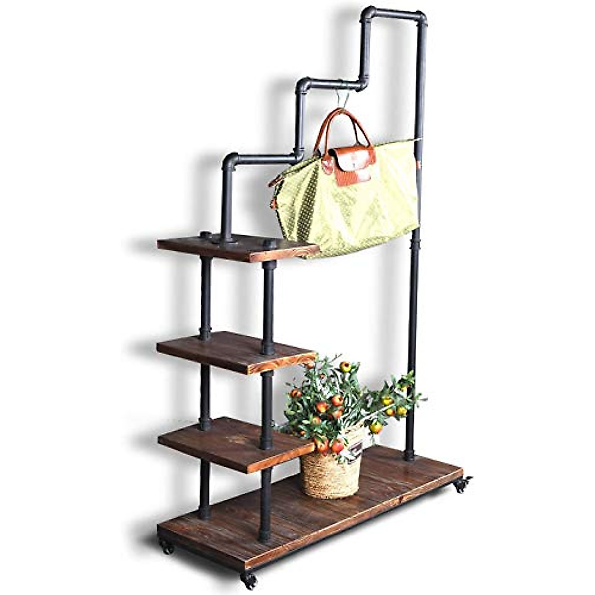 Diwhy Industrial Pipe Clothing Rack 4 Layers Pine Wood Shelving Shoes Rack With Wheels Cloth Hanger Household Shoe Rack Pipe Shelf Garment Racks