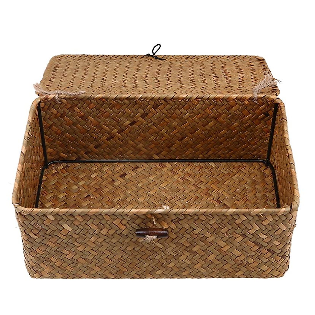 Natural Straw Rattan Multipurpose Container Rectangular Storage Baskets With Lid Hand Woven Storage Box with Button for Desktop Home Decoration (12 Inch)