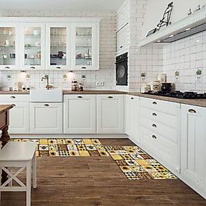 ARTSHOWING Kitchen Floor Mat Set of 2 Vintage Style Comfort Cushioned Antifatigue Standing Mats Waterproof Kitchen Rug Set for Home Office Retro Sunflower Bee Butterfly Pattern 18x30inch+18x48inch