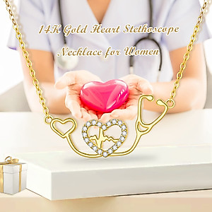 SISGEM 14K Real Gold Stethoscope Necklace for Women,Yellow Gold Created Moissanite Heart and Heartbeat Necklaces,Medical Jewelry for Doctor Nurse Medical Student RN Nurse Gifts,16''-18'' (Style-2)