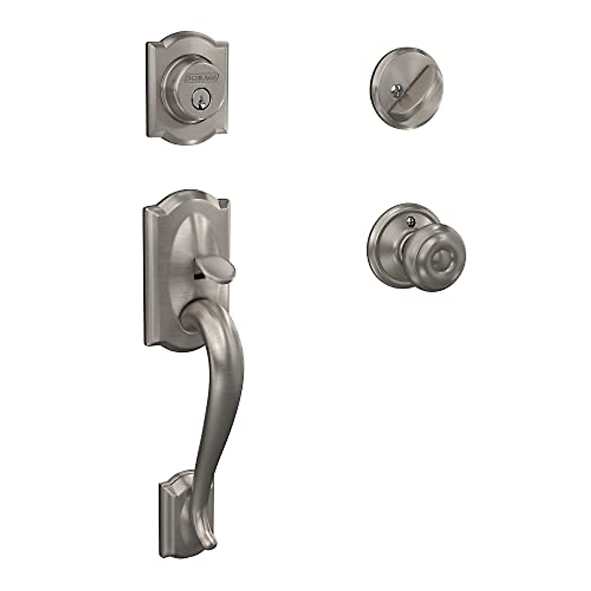 Schlage F60 V CAM 619 GEO Camelot Front Entry Handleset with Georgian Knob, Deadbolt Keyed 1 Side, Satin Nickel
