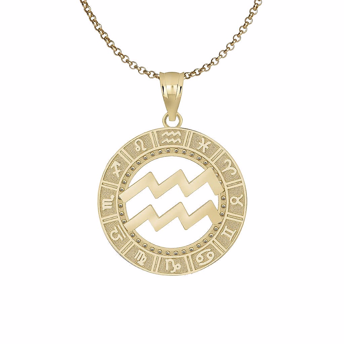 14k Aquarius Yellow Gold Zodiac Sign Constellation Horoscope Symbol Pendant Necklace With Chain