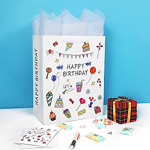 13" Large White Gift Bag Set with Greeting Card and Tissue Papers (Cake and Ice Cream) for Boys, Girls or Kids Birthday Party, Baby Shower