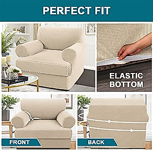 Turquoize 2 Pieces Sofa Covers T Cushion Chair Slipcover T Cushion Chair Covers Stretch Couch Cover Soft Armchair Cover Furniture Covers with Individual T Cushion Seat Covers, (Chair, Biscotti Beige)