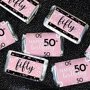 DISTINCTIVS Pink, Black, and White 50th Birthday Party Mini Candy Bar Wrappers - 45 Count, Pink Birthday Decorations for Women