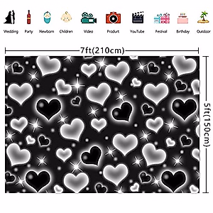 7×5ft Black Heart Photo Backdrop Early 2000s Party Decorations Old School Backdrops Valentine's Day Glitter Heart 16th 18th 30th Women Men 90s Happy Birthday Background Selfile Wall Decor