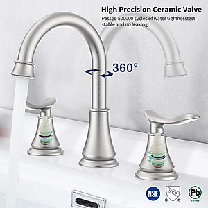 2-Handle 8 inch Widespread Bathroom Sink Faucet Brushed Nickel Lavatory Faucet 3 Hole 360° Swivel Spout Vanity Sink Basin Faucets with Pop Up Drain Assembly and cUPC Water Supply Hoses