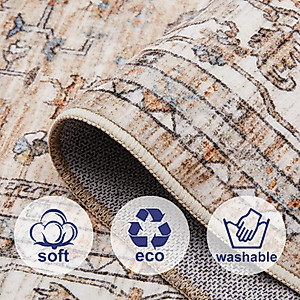 Area Rug 9x12 Living Room: Soft Large Washable Rugs with Non-Slip Rubber Backing Stain Resistant Modern Indoor Boho Vintage Carpet for Bedroom Dining Nursery Room Home Office (Beige/Brown)