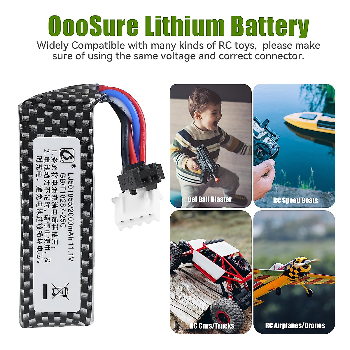 HYF 2 pcs 11.1V 2000mAh 501855 Soft-Gun Toy Rechargeable Li-ion Batteries SM2P Plug with a USB Charging Cable for WPL RES V-3 ESC 1/16 Crawler and Some Water-Gun Toy