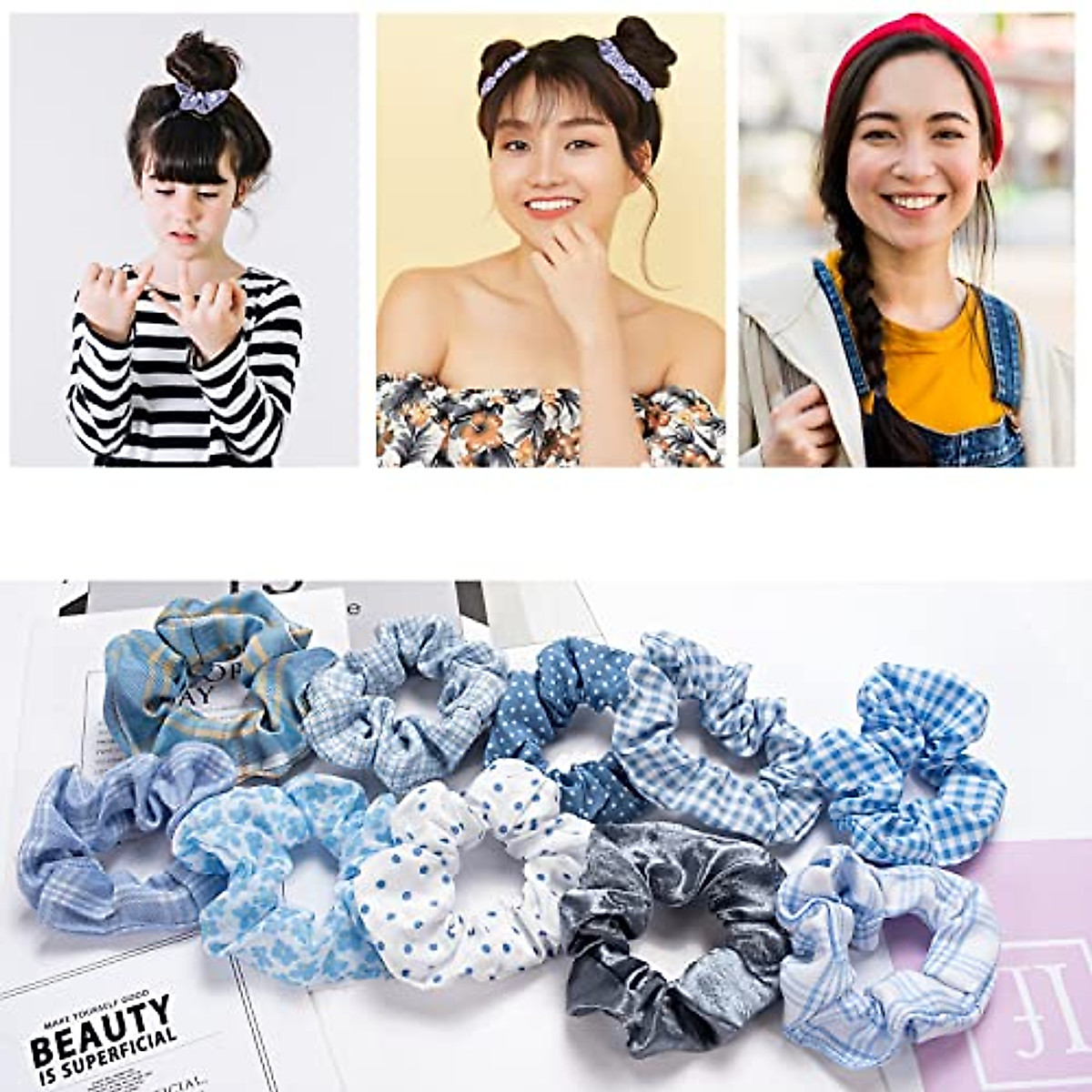 10pcs Cute Plaid Hair Ties Printed Hair Scrunchies Ponytail Holder Colorful Hair Elastics Bands Hair Accessories for Women Girls (Blue)
