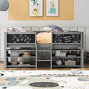 Lofaris Twin Size Low Loft Bed with Two Movable Shelves and Ladder,with Decorative Guardrail Chalkboard for Child,A Huge Storage Space for Clothes,Toys and Other Things,Gray.