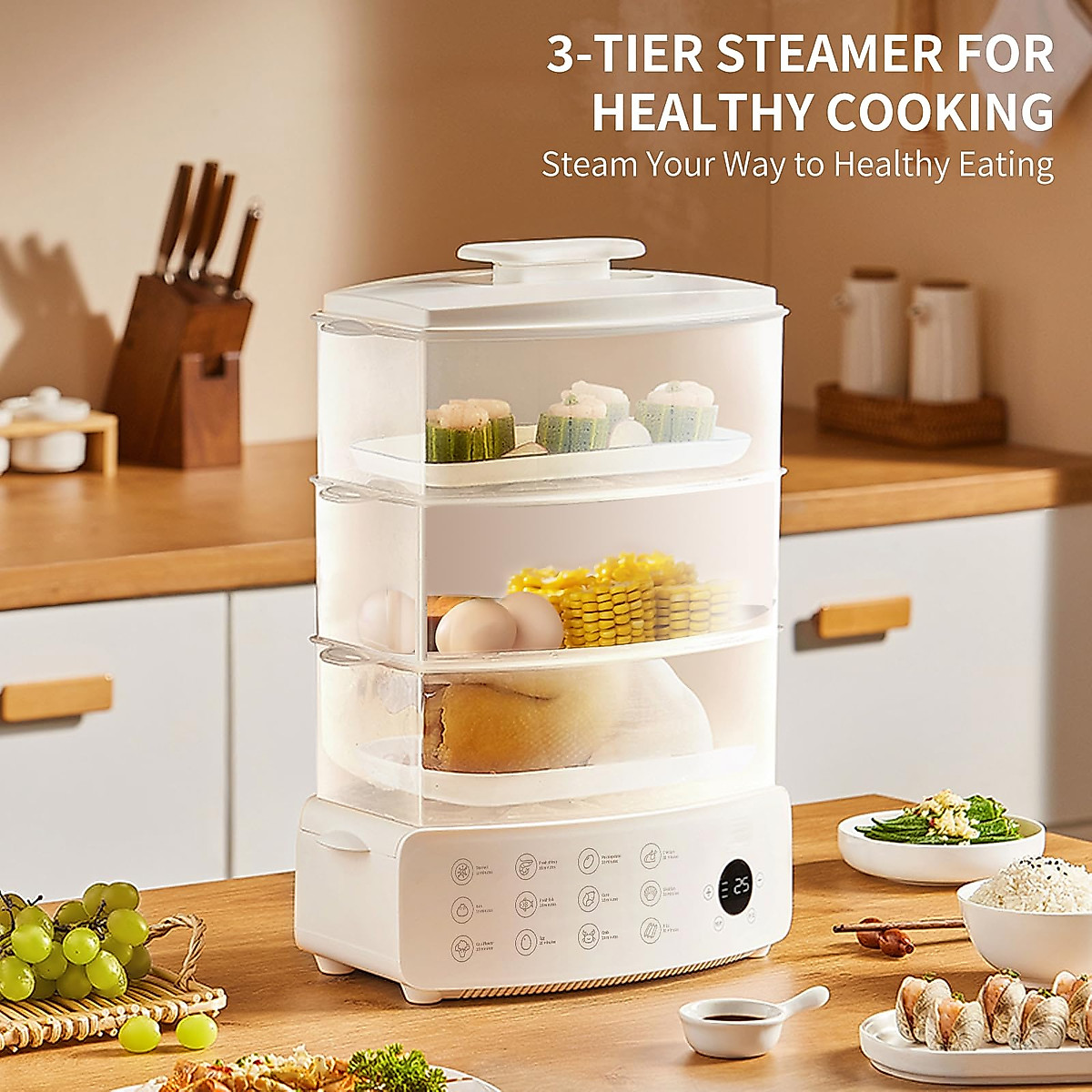 Electric Steamer for Cooking Vegetable Steamer Food Steam Cooker 900w Motor for Fast Steaming Veggie Dumpling Tamale Fish Egg Bun Tortilla,12.68 Quart 3-Tier Design Bpa-Free,Auto Shutoff,Smart Digital