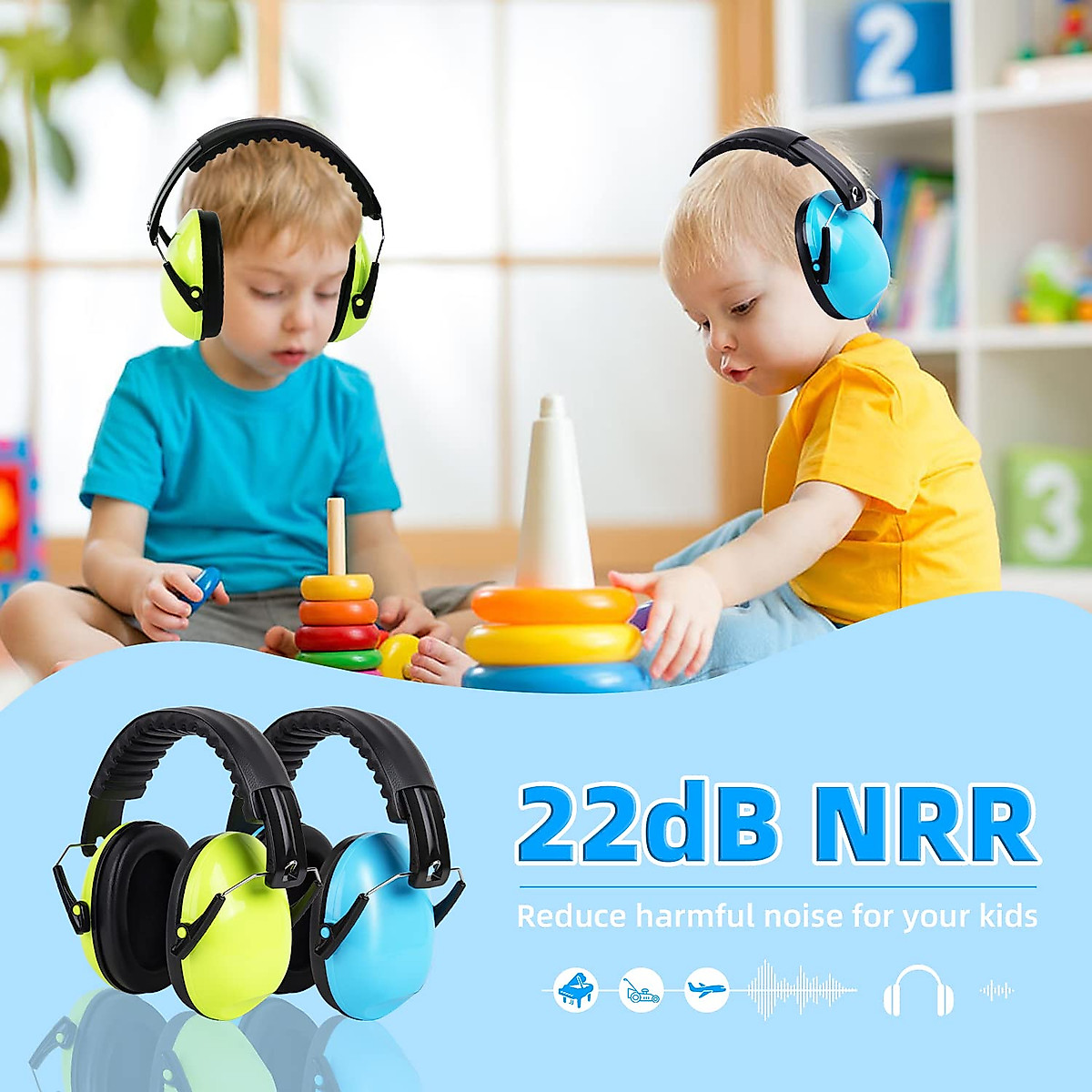 VOKIWILL 2-PACK Kids Ear Protection Earmuffs, Adjustable Safety Hearing Protection Headphones Noise Reduction Earmuff for Kids Toddlers 25NRR Noise Cancelling Earmuffs (Green, Blue)