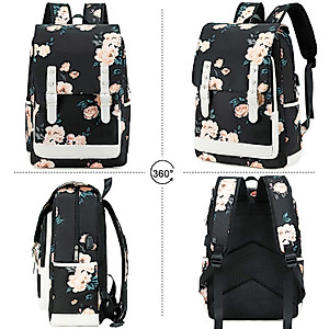 LEDAOU School Backpack for Teen Girls Laptop Backpacks 15.6 inch Floral Daypack Women Bookbag School Bag for College Travel (Floral Black)