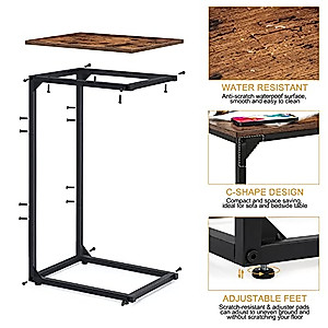 Nandae C Shaped End Table, Side Table Tray Side Table Bedside Table Height 27.3'' with Metal Frame for Laptop, Snack, Sofa Couch, Bed Living Room Bedroom, Rustic Brown