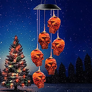 Solar Skeleton Skull Light Skull Wind Chime LED Skeleton Skull Night Light Party Decorate Pendant Waterproof Hanging Garden Wind Chimes Ghost Light for Outdoor Yard Garden Decor