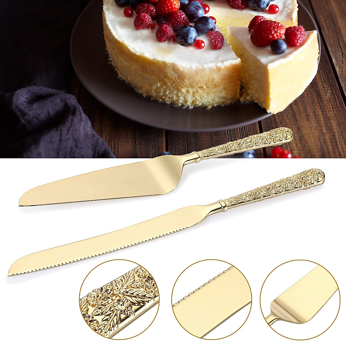 BSTKEY Pack of 2 Gold Cake Pie Pastry Servers, Cake Knife and Server Set, Vintage Engraved Cake Cutter Serving Spatula Set for Wedding Birthday Parties Christmas Thanksgiving and Events