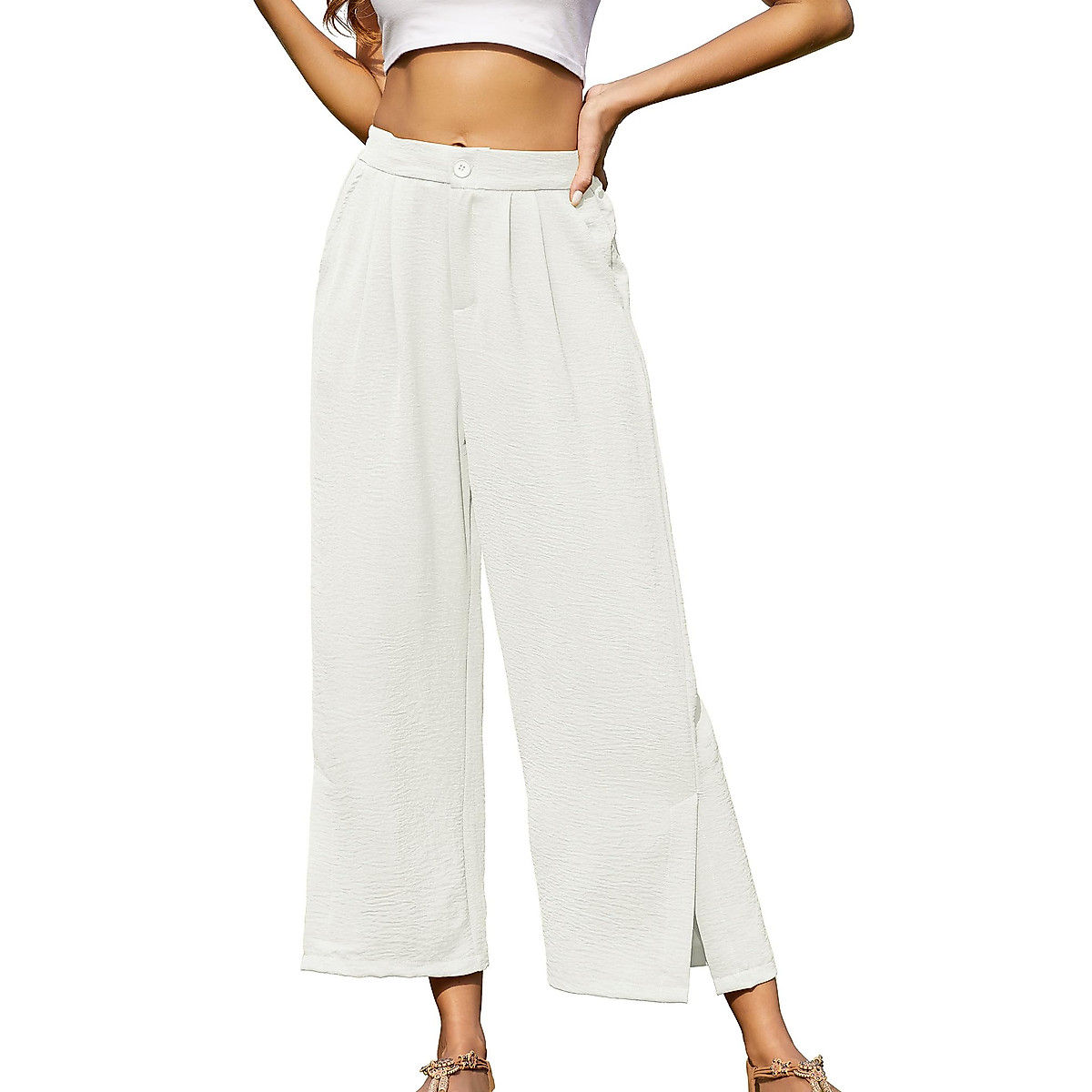 Poplab Wide Leg Petite Pants for Women Casual Flowy Elastic High Waist Capri Trousers with Pockets White, S