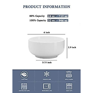 Kanwone Porcelain Bowl Set - 32 Ounce for Cereal, Salad and Soup, Microwave and Dishwasher Safe - Set of 6, White