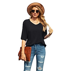 SUEANI Women's Summer V-Neck 3/4 Bell Sleeve Loose Shirt Casual Basic Top(Medium, Black)