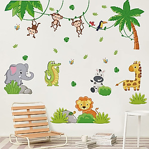 Runtoo Jungle Animal Wall Decals Monkey Elephant Giraffe Wall Stickers for Kids Bedroom Baby Nursery Wall Decor