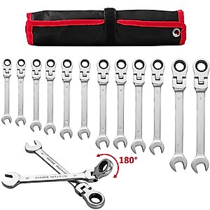 TOPDEEP Ratcheting Combination Wrench Set, 12 Piece 8-19mm Metric Flex Head Ratcheting Wrench, Chrome Vanadium Steel Ratcheting Spanner Wrench with Carrying Bag