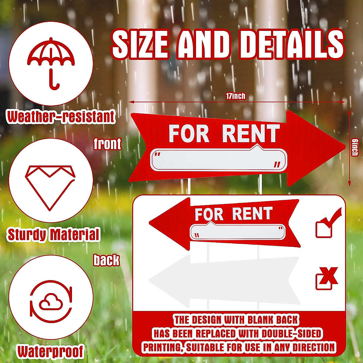 Barydat 12 Pcs for Rent Yard Signs with Stakes Double Sided for Rent Arrow Signs with Stand 17 x 6 Inches for Rent Sign This Way Arrow Yard Signs Plastic Garage Sale Sign Outdoor