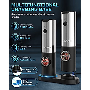 SoulFox Electric Salt and Pepper Grinder Set with USB Rechargeable - No Battery Needed - One Handed Operation - White Light - Adjustable Coarseness Automatic Electronic Spice Mill Shakers Refillable