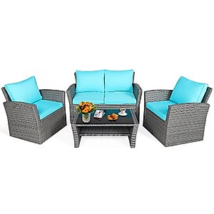 Tangkula 4 Pieces Patio Furniture Set, All Weather Outdoor Sectional Rattan Sofa Set with Cushions & Tempered Glass Table, Wicker Conversation Couch Set for Backyard Garden Poolside (Turquoise)