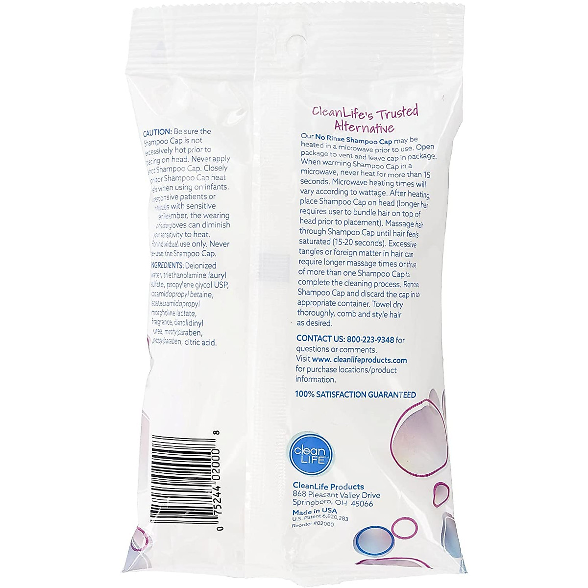 No-Rinse Shampoo Cap by Cleanlife Products, Shampoo and Condition Hair with no Water or Rinsing - Microwaveable, Rinse-Free, Latex-Free and Alcohol-Free