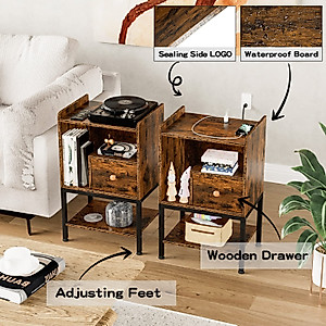 Gannyfer Nightstand with Charging Station,Night Stand with USB Ports and Storage Drawer,Modern 3-Tier End Side Table,Small Wood Bedside Table for Bedroom,Living Room (Brown)