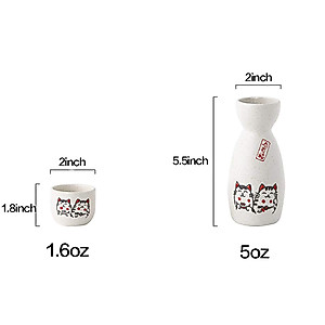 Mozacona Ceramic Lucky Cat Japanese Sake Set,1 Tokkuri Bottle and 4 Ochoko Cups
