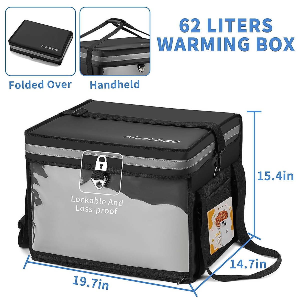 Insulated Food Delivery Bag for E-bikes/Scooters/Motorcycles, Waterproof Delivery Bag with Carrier Rack,Perfect for Catering,Restaurants,Delivery Drivers,Doordash and more,62L - Fit 14'' Pizza box