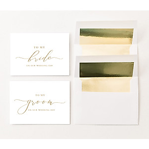To My Bride To My Groom On Our Wedding Day Card 4x5.5 Folded White Card with Gold Caligraphy with Gold Foil Lined Envelopes 2 Card Set Vow Cards Elegant Minimalist Style Wedding Cards