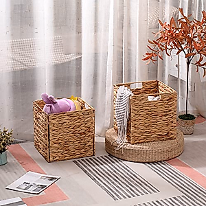 Water Hyacinth Storage Basket,Wicker baskets For Shelves,Folding 2 Packs Handmade Woven,Decorative Seagrass Shelf Basket ,Shelf Basket For Storage Toys Books And Clothes ,12x12x12 Inches.