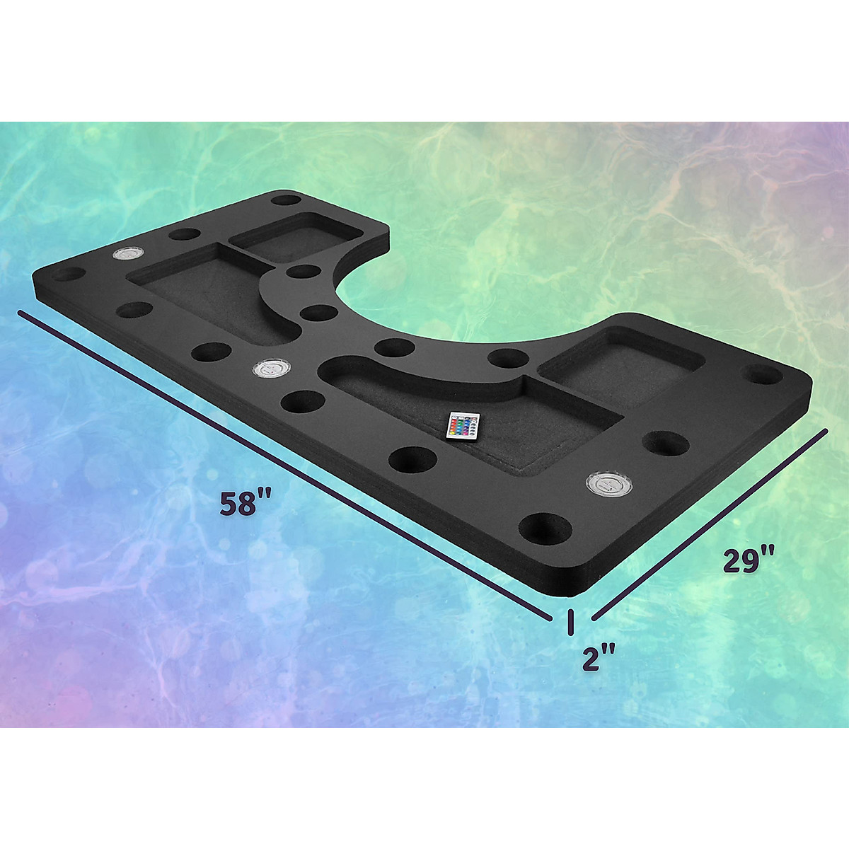 Polar Whale Giant Floating Bar Table with Super Bright Color LED Lights Tray Drink Holders Pool Hot Tub Beach Party Float Lounge Refreshment Durable Black Foam 18 Compartment UV Resistant 5 Feet Long