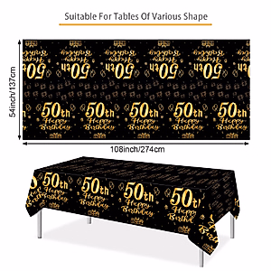 PHOGARY 50th Birthday Party Decorations Tablecloth, 3 Pack Happy Birthday Table Cover for Women Men, Bday Anniversary Theme Party Supplies Black and Gold Rectangular Tablecloths 54 × 108 in