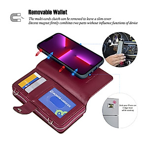 MODOS LOGICOS Crossbody Bag for iPhone 13 6.1", [Shoulder Wrist Straps] [Zipper Storage] [11 RFID Card Slots 3 ID Window] PU Leather Purse with Removable Inner Magnetic TPU Case - Wine Red